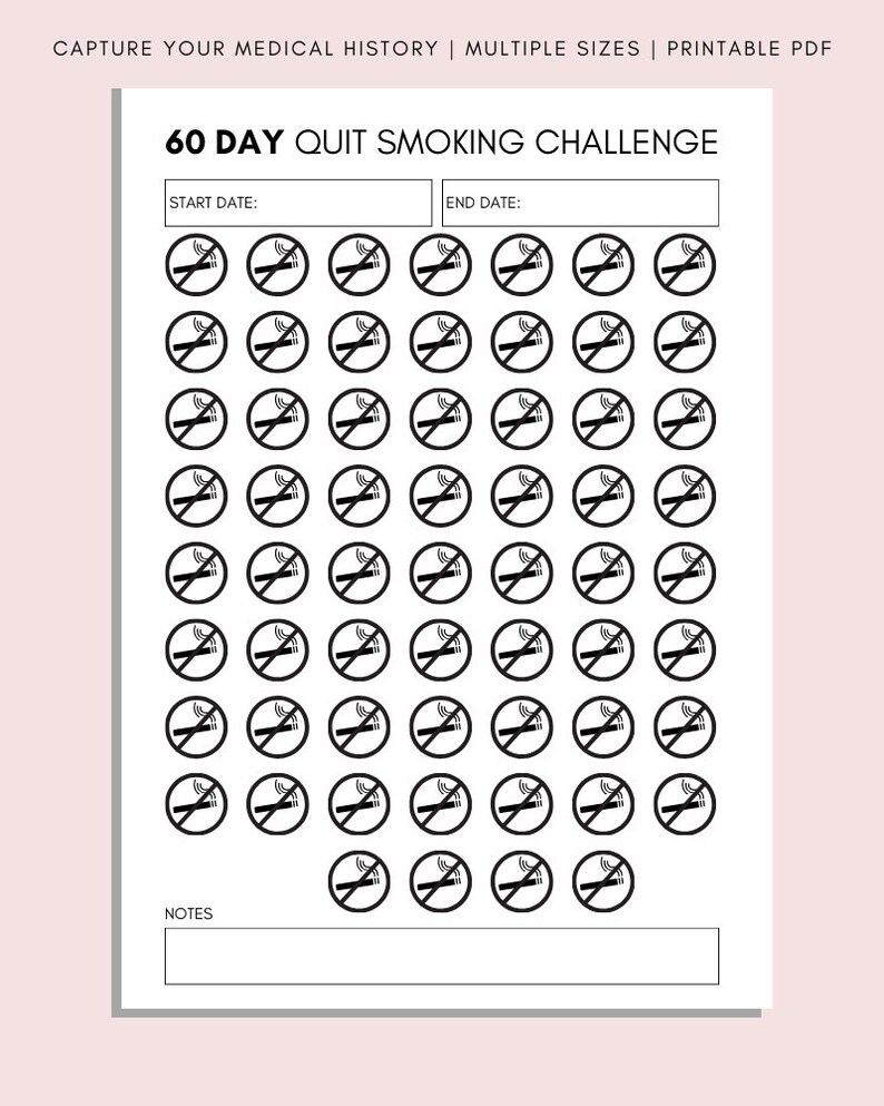 Quit Smoking Printable Challenge. Stop Smoking Tracker, 60 Day ...