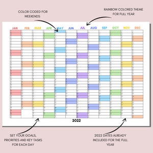 2022 Year Planner Yearly Planner on 1 Page Landscape, Vertical Planner ...