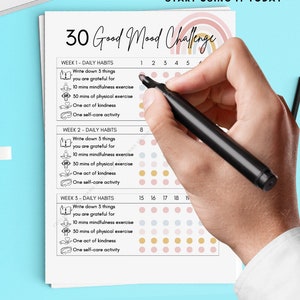 30 Day Good Mood Challenge Printable, 30 Days of Self Love, Self Love ...