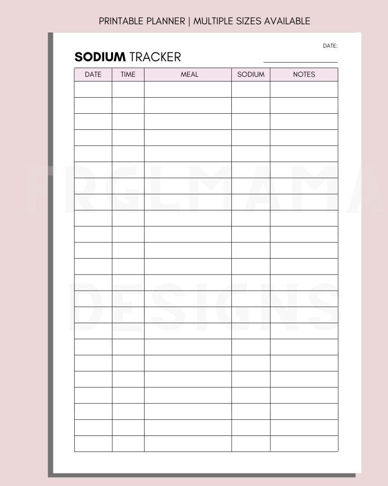 Printable Sodium Intake Tracker: Meal Planner, Symptoms & Treatments ...