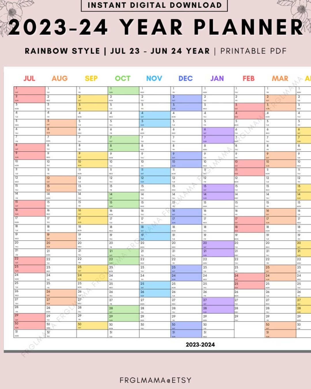2023/24 Year Planner JUL 2023 JUN 2024 Yearly Planner on 1 Page ...