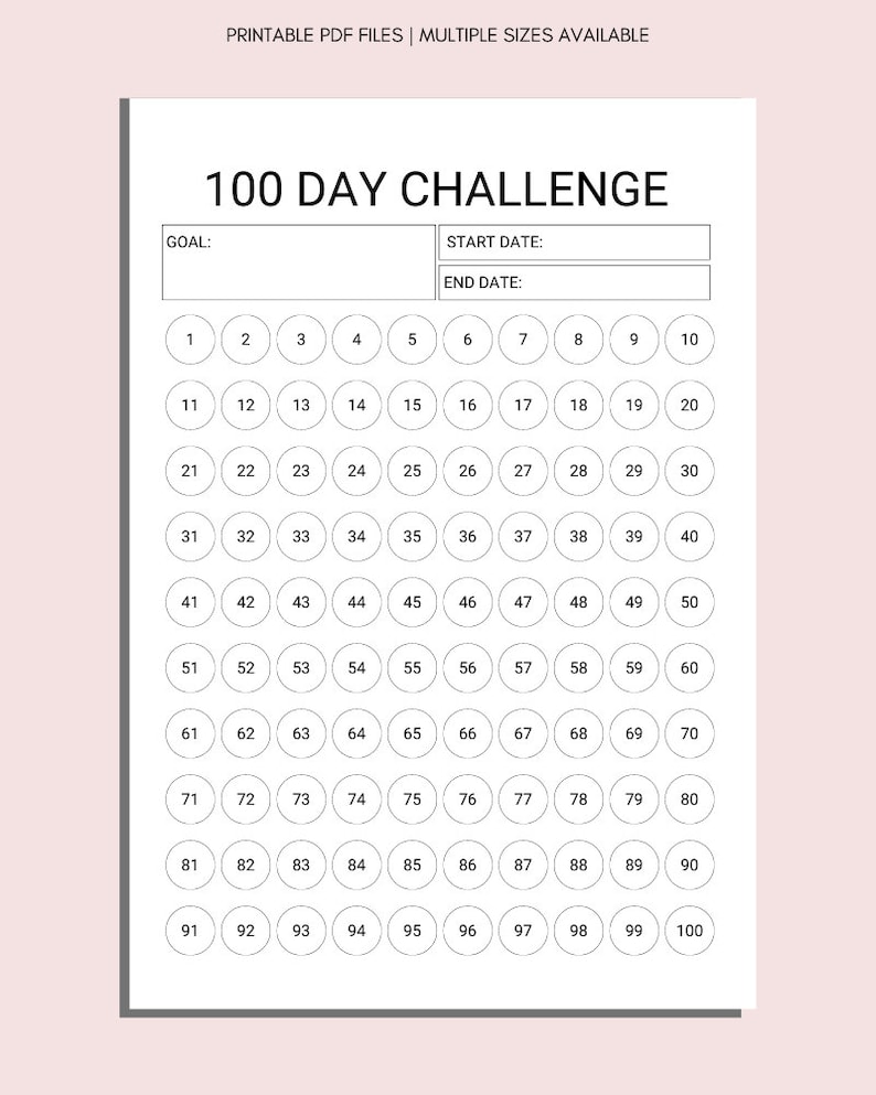 100 Day Challenge Printable: Goal Tracker, Countdown Calendar (PDF) - Etsy