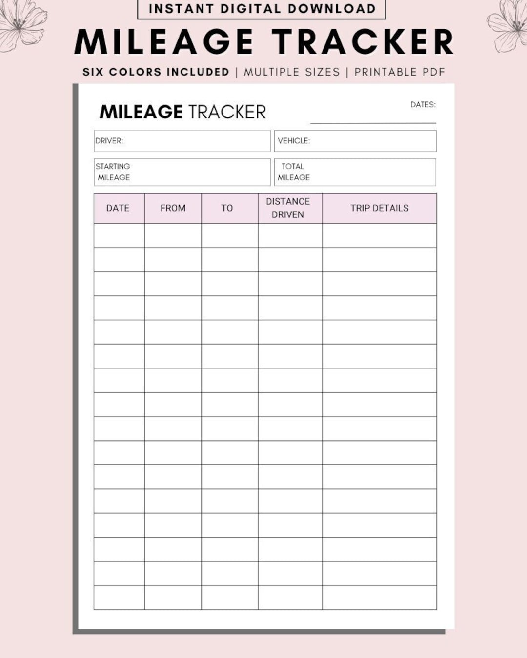 Mileage Tracker Printable, Mileage Log Printable, Work Trip Miles ...