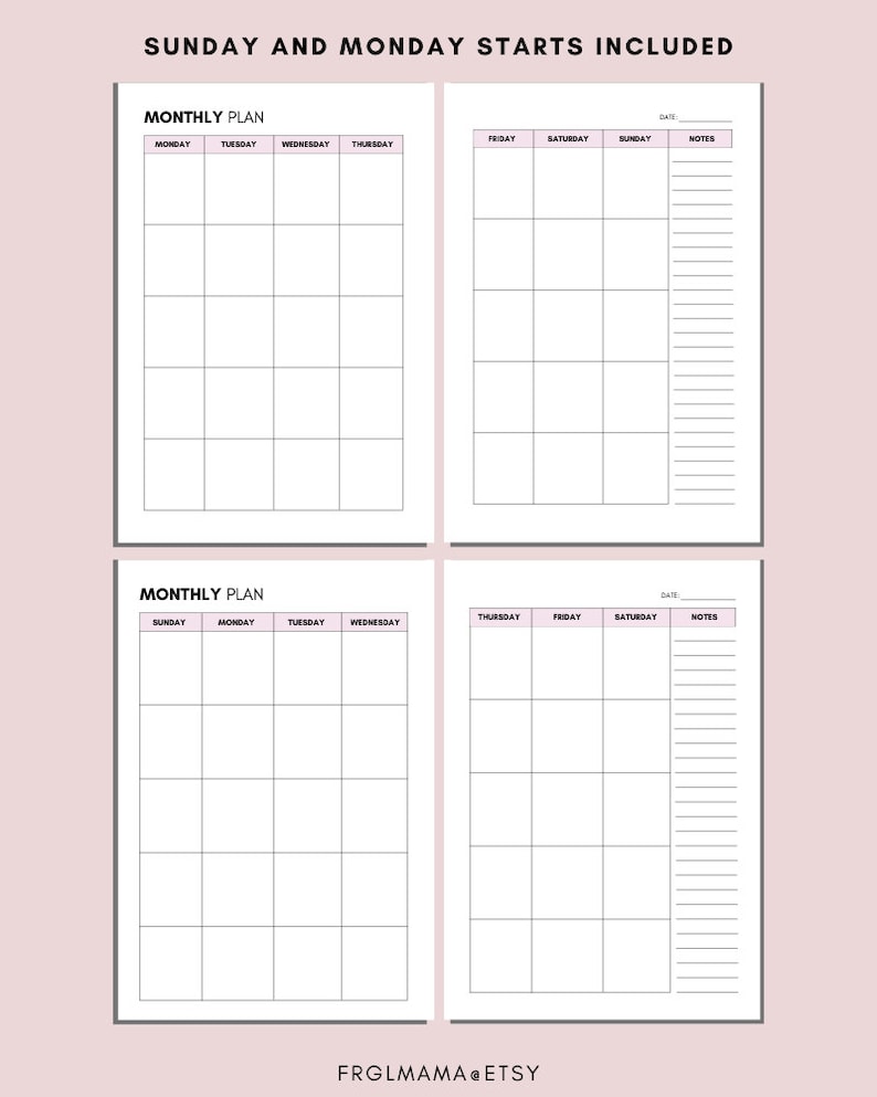 Undated Monthly Planner Printable: A4/a5/letter Size (PDF) - Etsy