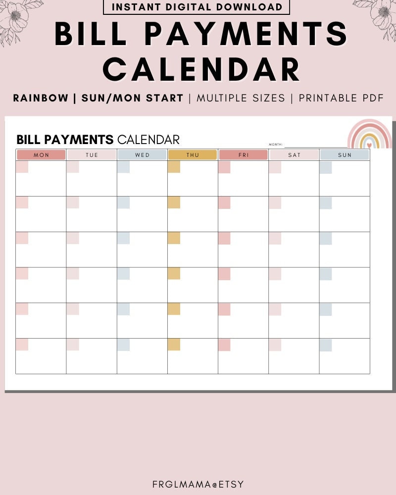 Bill Payments Calendar Personal Finance Organizing - Etsy