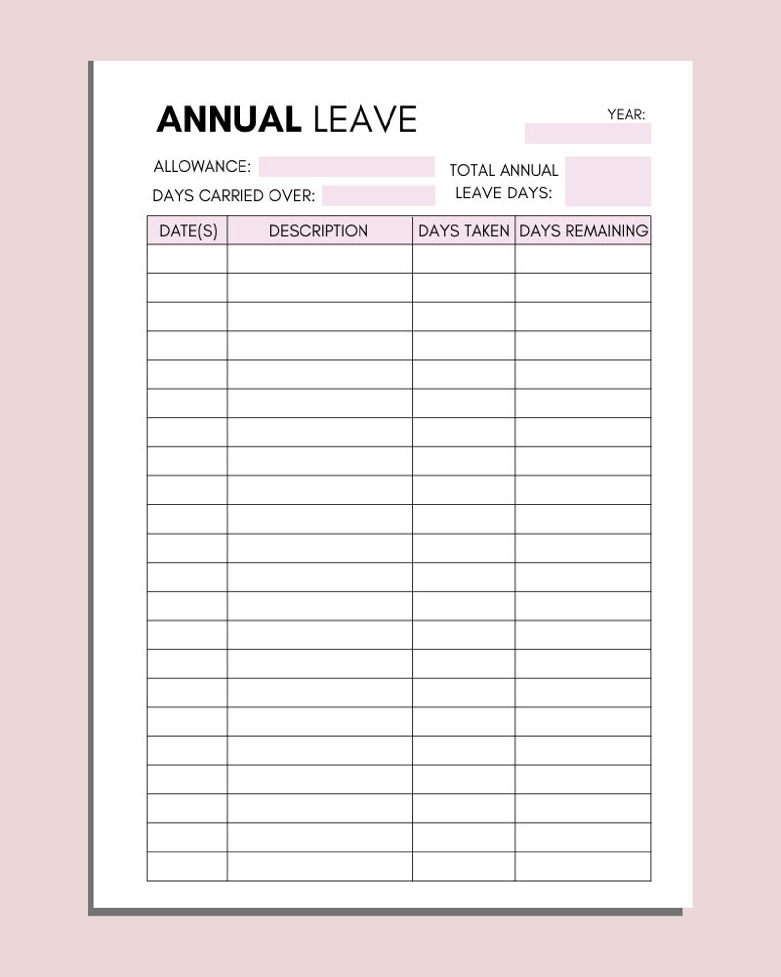 Annual Leave Tracker Printable: Work Holiday, Days off Log (PDF) - Etsy UK