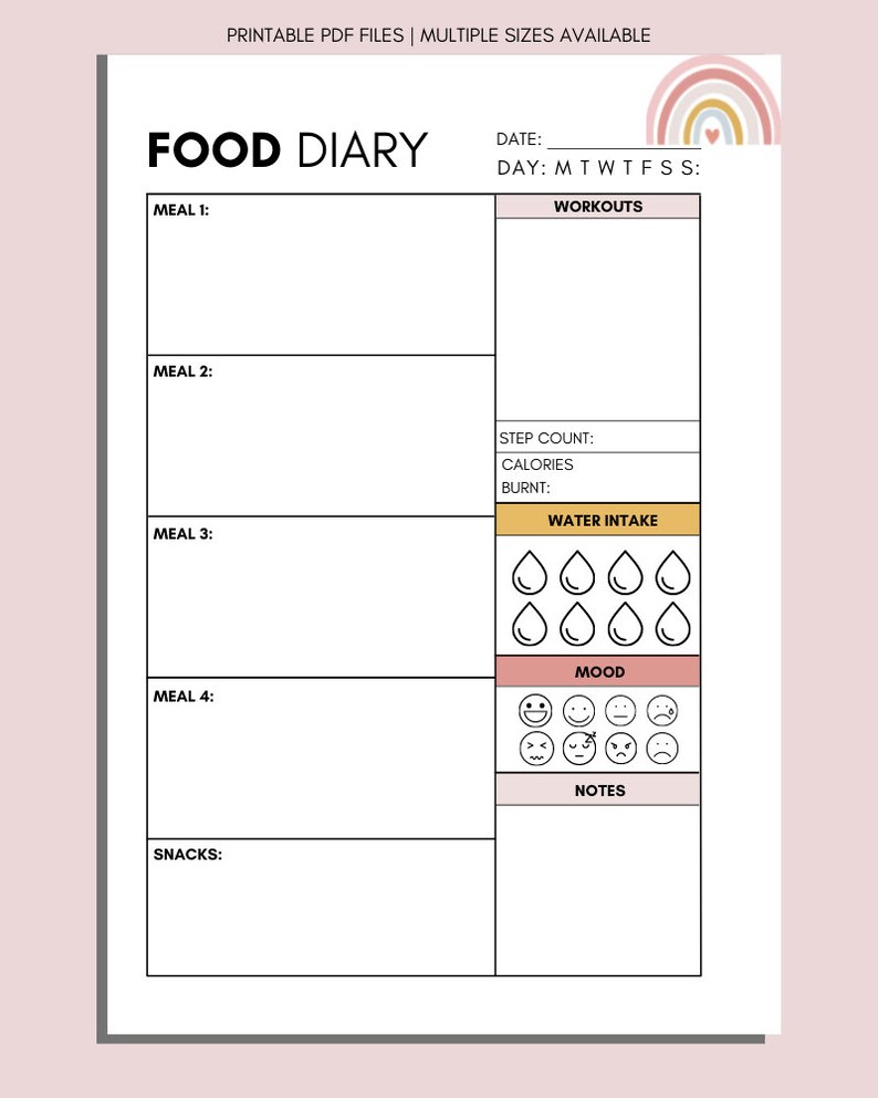 Daily Food Diary Printable: Calorie Tracker, A4 A5 (digital Download ...