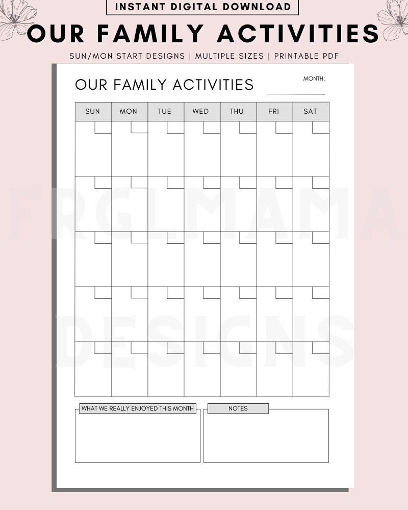 Family Activities Calendar: Printable Monthly Planner (digital Download ...