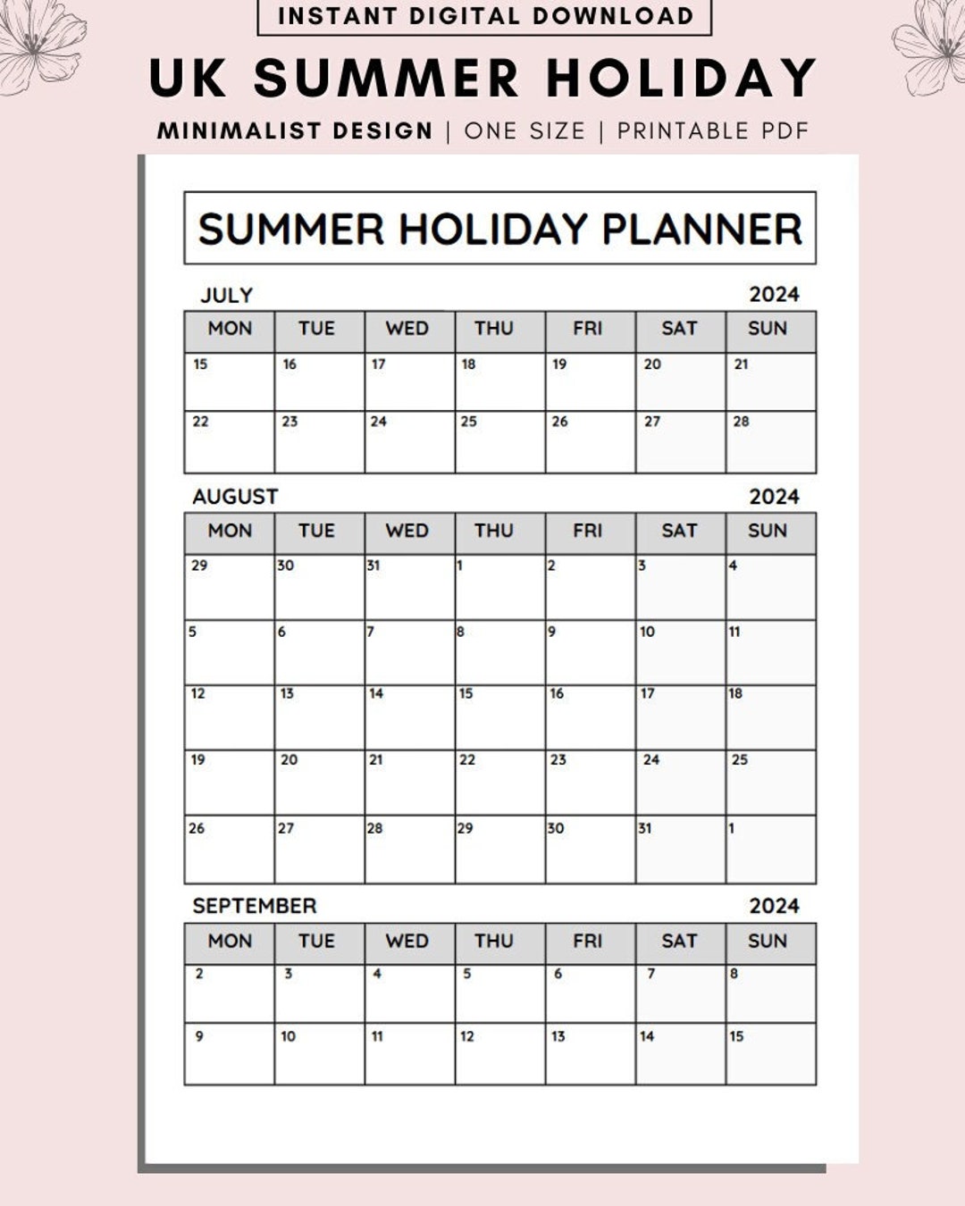 2024 UK School Summer Holiday Planner Template Bright A4 Printable ...
