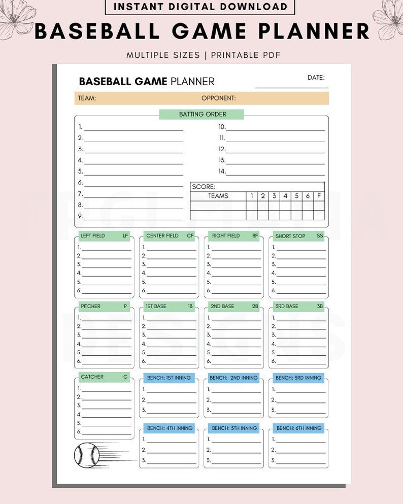 Baseball Game Planner: Lineup & Position Chart (printable PDF) - Etsy