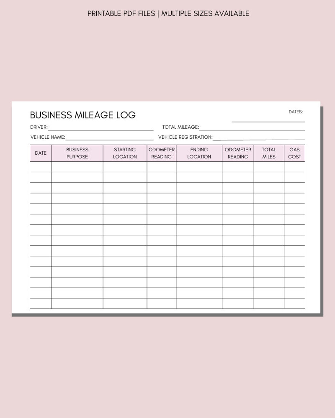 Printable Business Mileage Log: A4, A5, US Letter (PDF) - Etsy