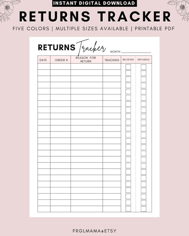 Printable Returns Tracker Online Business Return Sheet Sales - Etsy