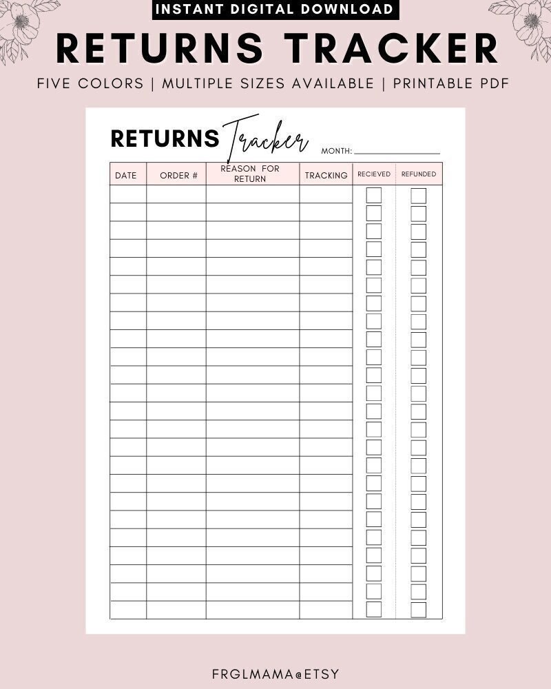 Printable Returns Tracker: Online Business Return Sheet (A4, A5, Letter ...