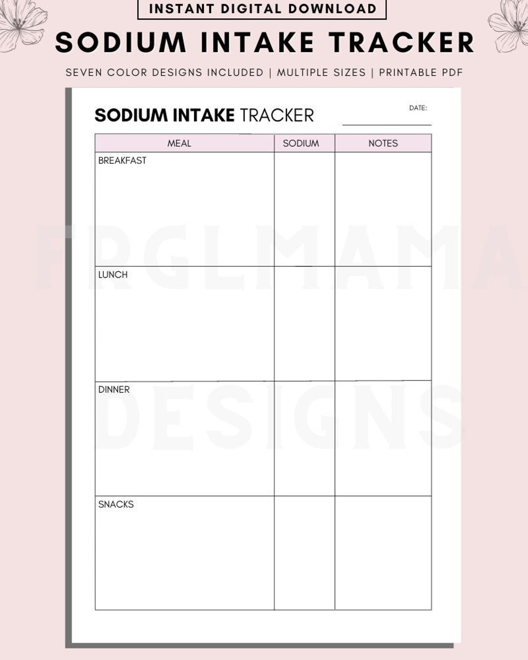 Printable Daily Sodium Intake Tracker, Sodium Intake Log, Daily Food ...