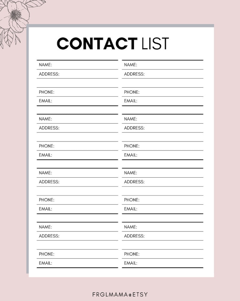Contact List Printable Address Book Printable Address Log | Etsy