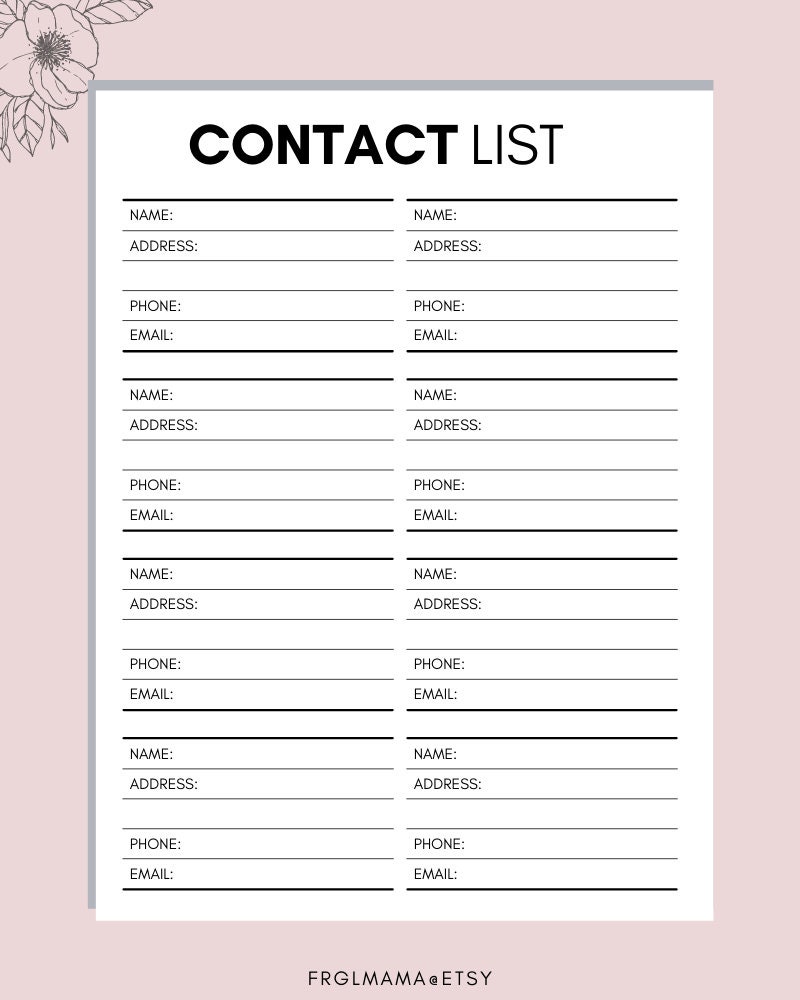 Contact List Printable Address Book Printable Address Log | Etsy