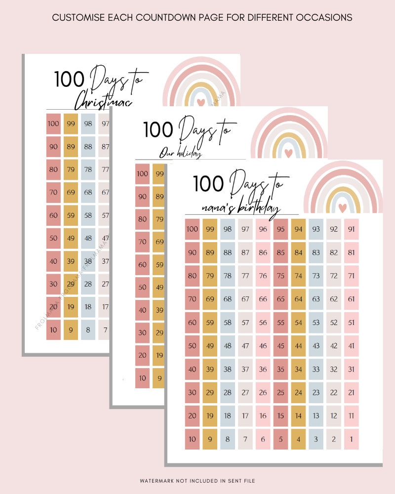 100 Day Countdown Printable: Rainbow Design Calendar (PDF) - Etsy