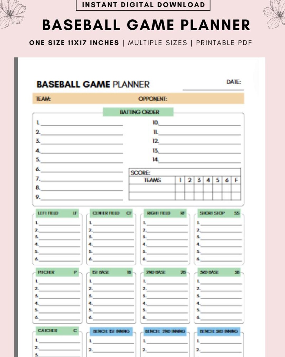 Baseball Game Planner: Lineup & Position Chart (PDF Download) - Etsy