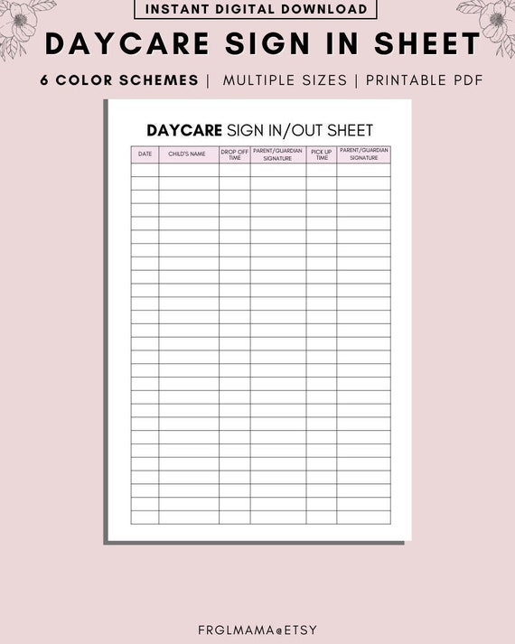 Minimalist Daycare Sign In/out Sheet PRINTABLE Sign Up A4 - Etsy