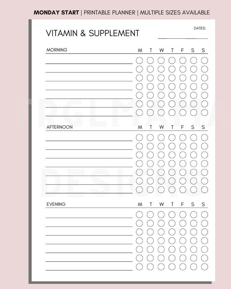 Daily Vitamin & Supplement Tracker Printable: Minimalist Health Planner ...