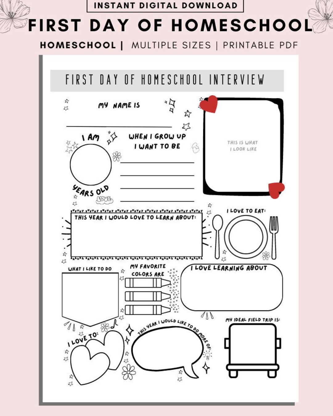 First Day of Homeschool Interview: Kids Questionnaire (PDF) - Etsy