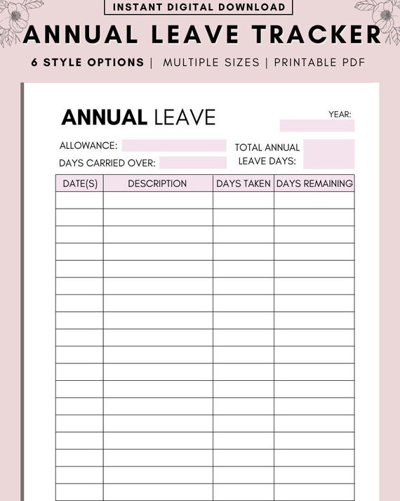 Annual Leave Tracker Printable Work Holiday Tracker Days off | Etsy UK