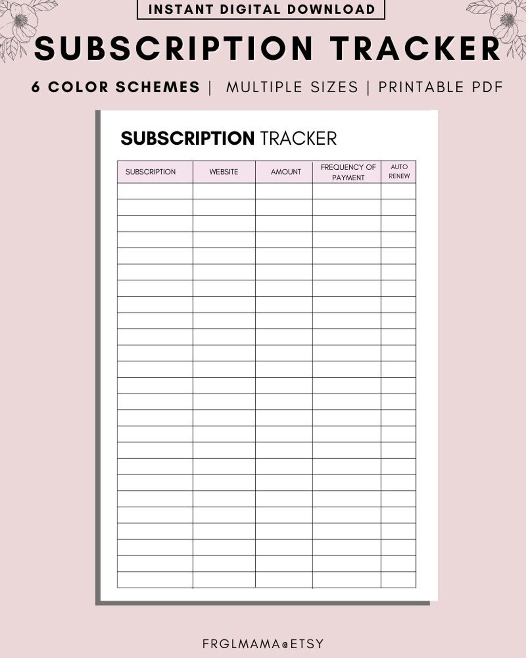 Subscription Tracker Printable - Subscription Log - Expense Tracker ...