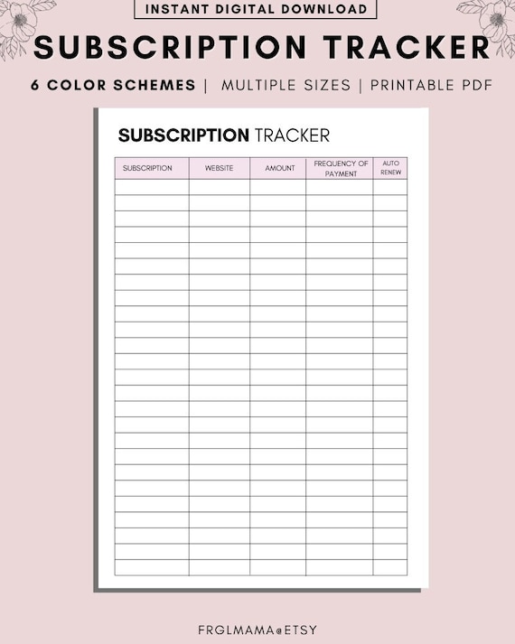 Subscription Tracker Printable Subscription Log Expense | Etsy