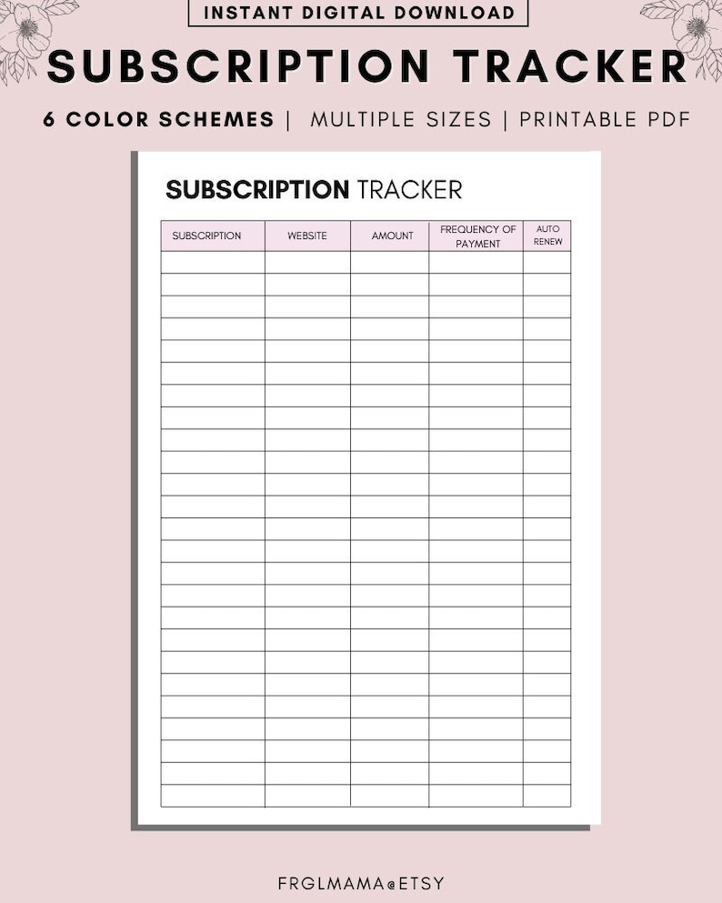 Subscription Tracker Printable Subscription Log Expense - Etsy