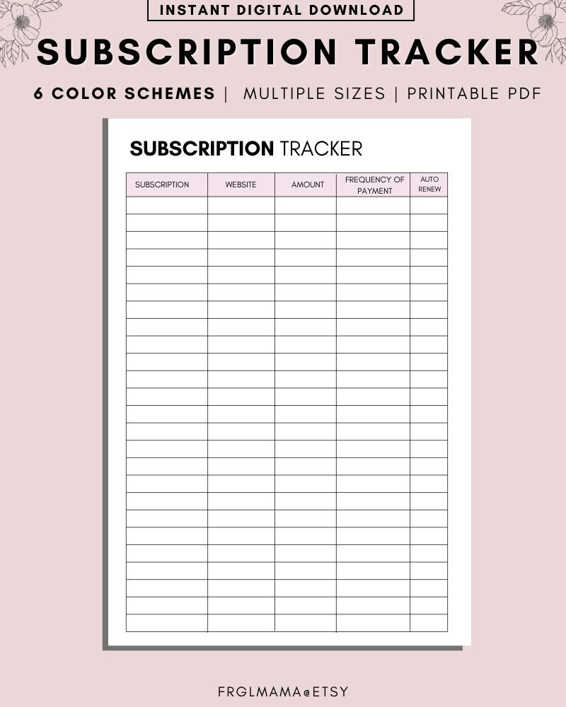 Subscription Tracker Printable Subscription Log Expense - Etsy