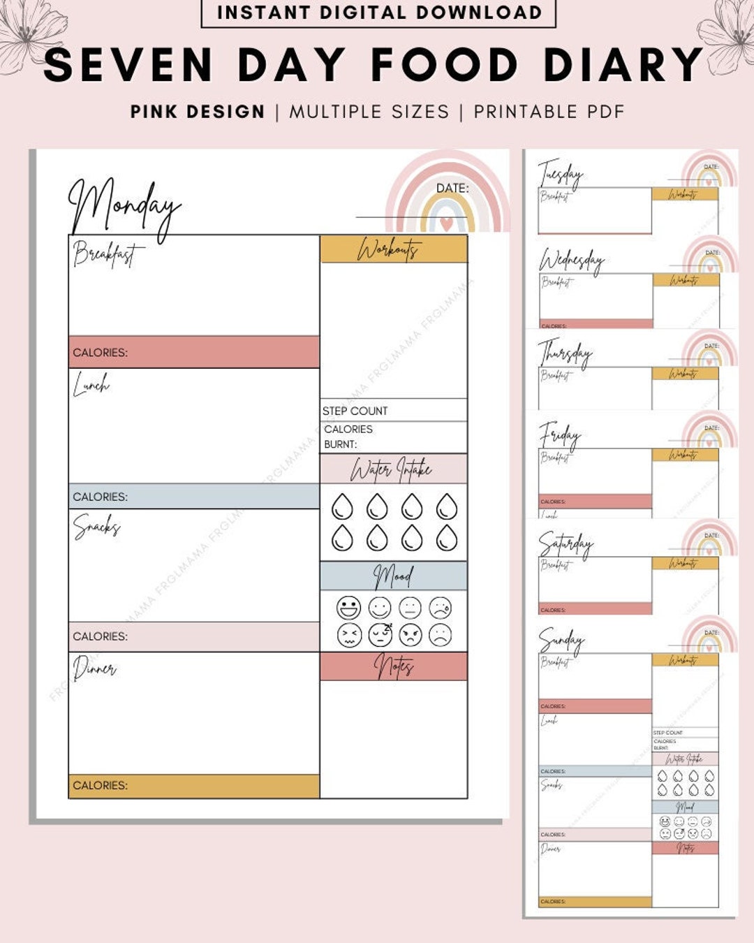 RAINBOW Daily Food Diary Printable, A4 A5 Printable Daily Food Journal ...