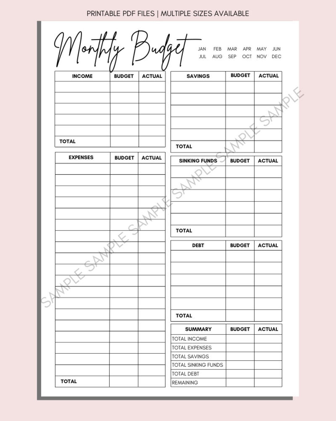 MONTHLY Budget Overview Template Printable Budget Binder - Etsy UK