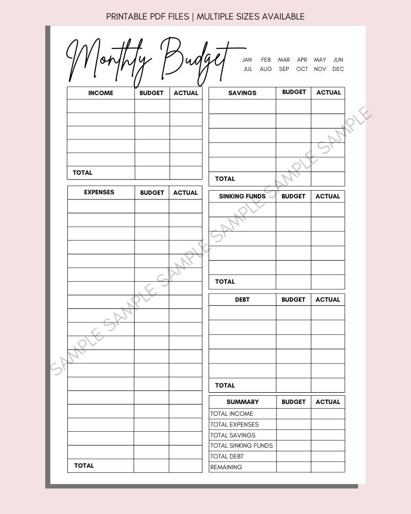 MONTHLY Budget Overview Template Printable Budget Binder - Etsy