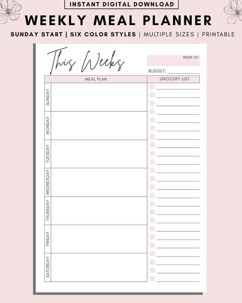 Weekly Meal Planner & Grocery List Printable PDF Digital - Etsy