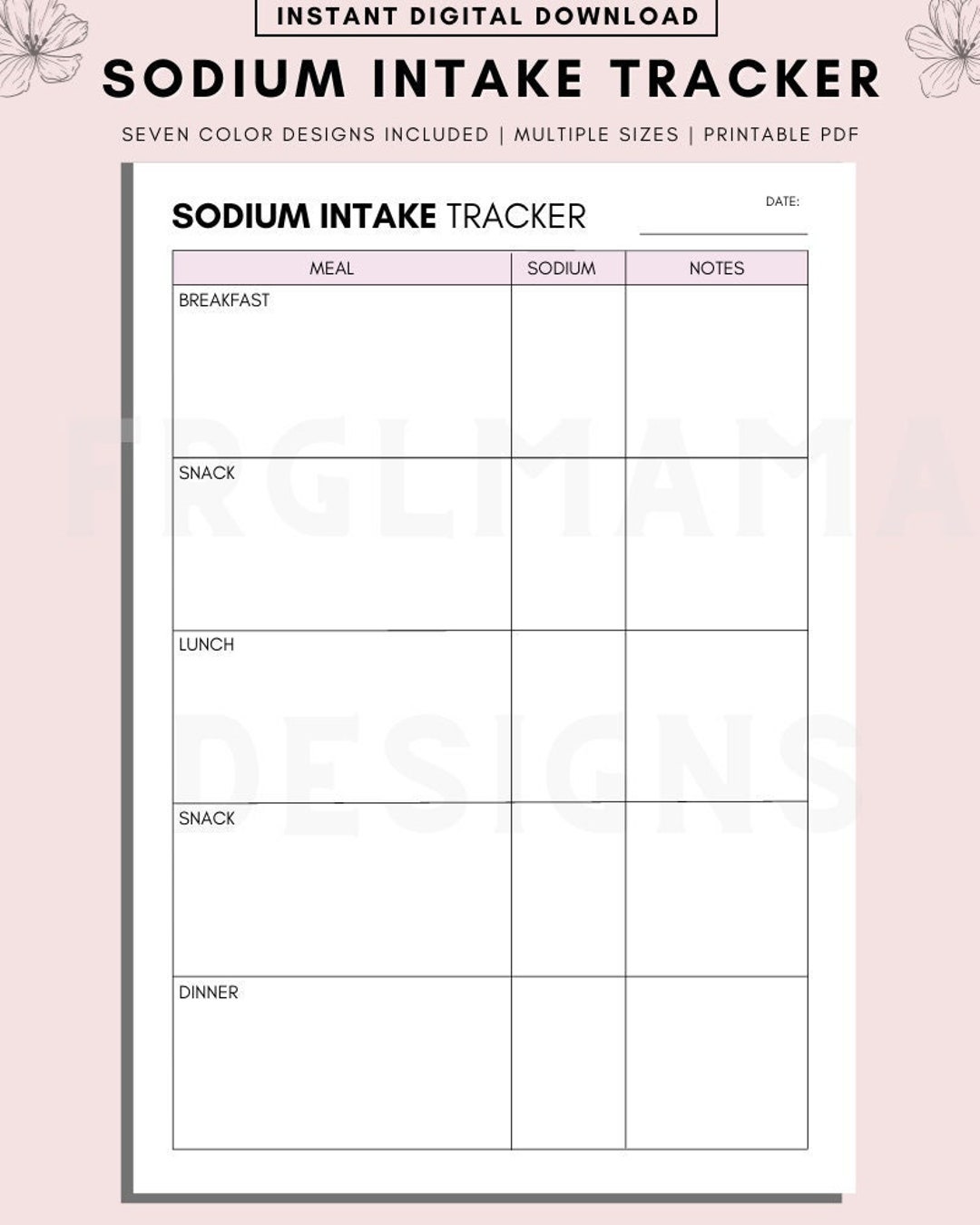 Printable Daily Sodium Intake Tracker, Sodium Intake Log, Daily Food ...
