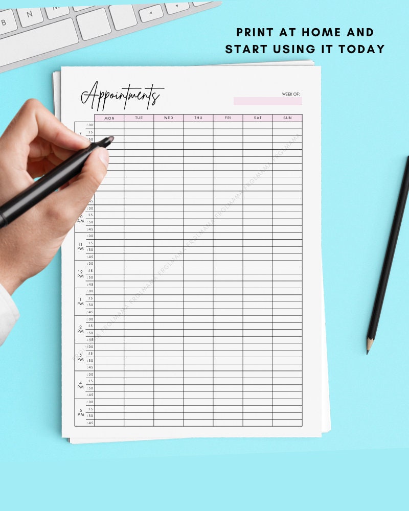 7am-5pm Appointment Tracker Printable: 15-minute Planner (A4, A5 ...