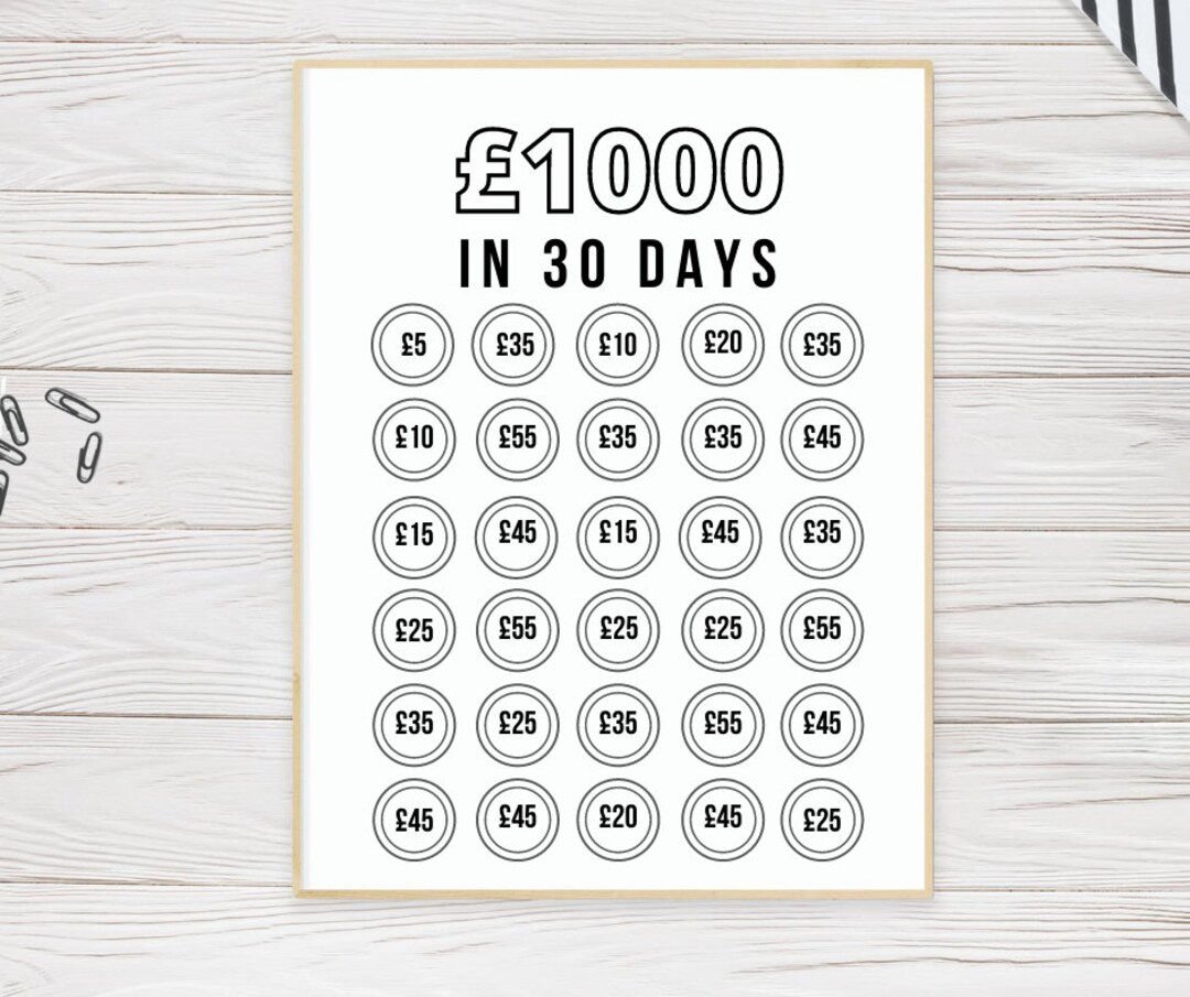 1000 Pound Savings Challenge Tracker, 30 Day Goal Printable (digital ...