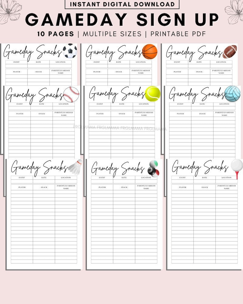 Gameday Snack Sign up Sheet: Sports Team Volunteer List (printable PDF ...