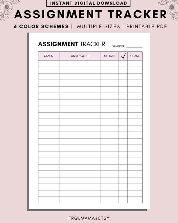 Assignment Tracker Assignment Printable List Homework Etsy