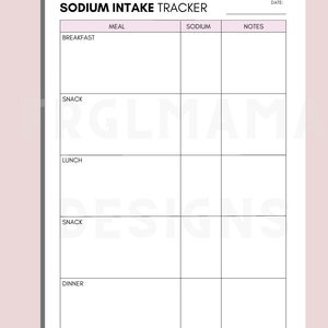 Printable Daily Sodium Intake Tracker, Sodium Intake Log, Daily Food Diary Printable, Meal ...