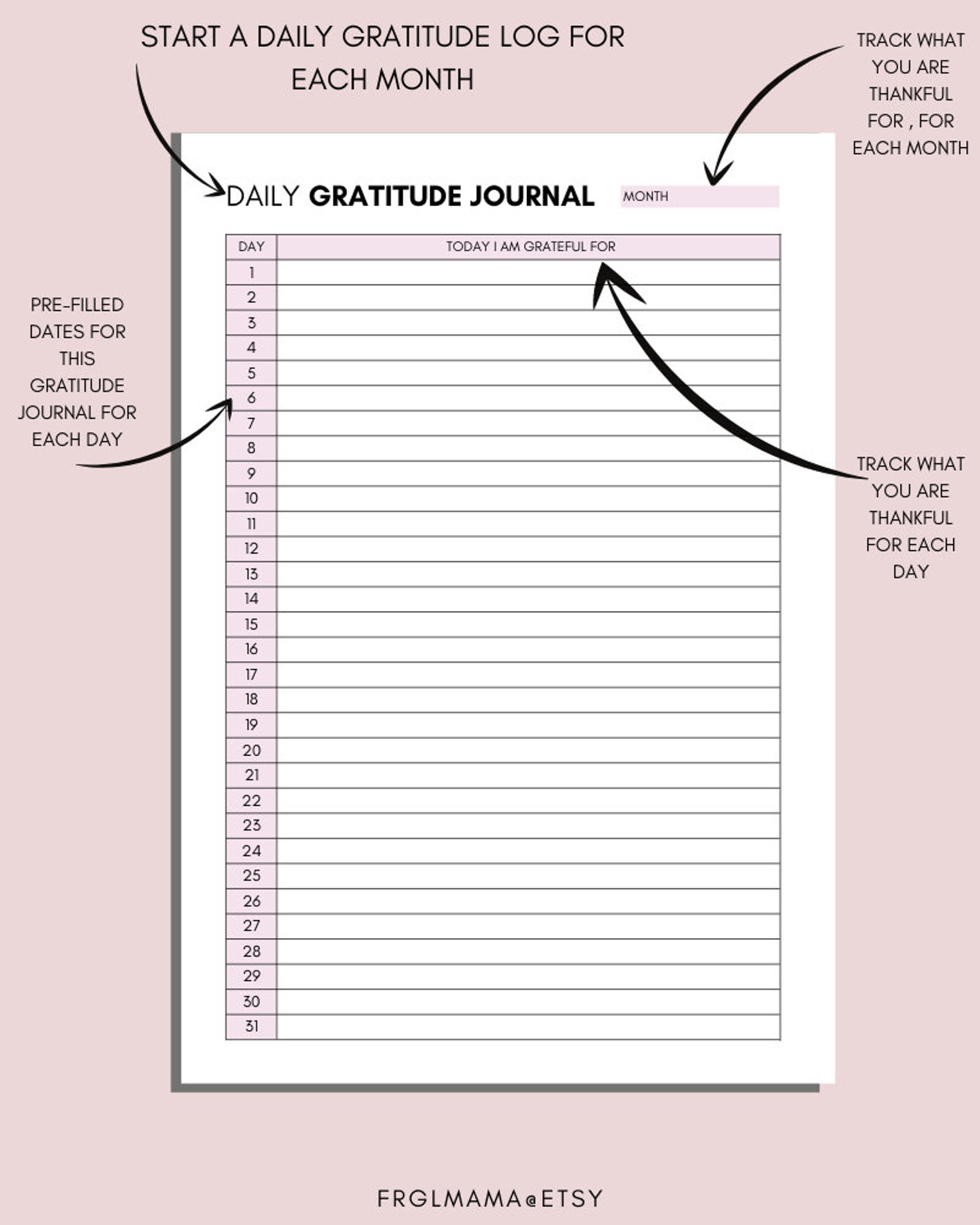 Daily Gratitude Journal A4 A5 Printable Month on One Page - Etsy