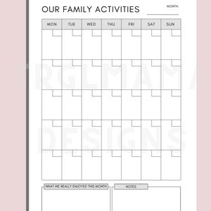 Family Activities Calendar: Printable Monthly Planner (digital Download ...