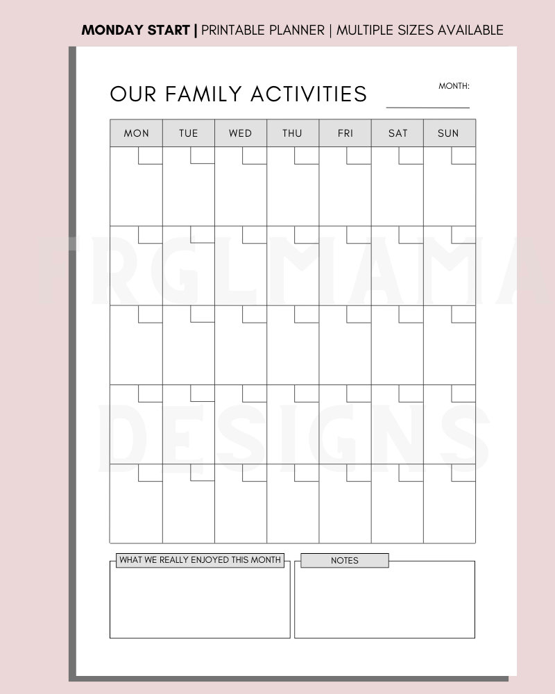 Family Activities Calendar: Printable Monthly Planner (digital Download ...