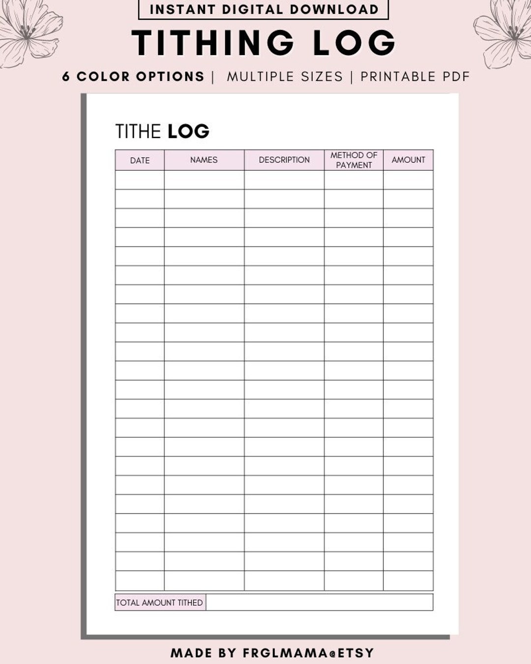 Printable Tithe Record, One Page Giving Log, Financial Donation Record ...