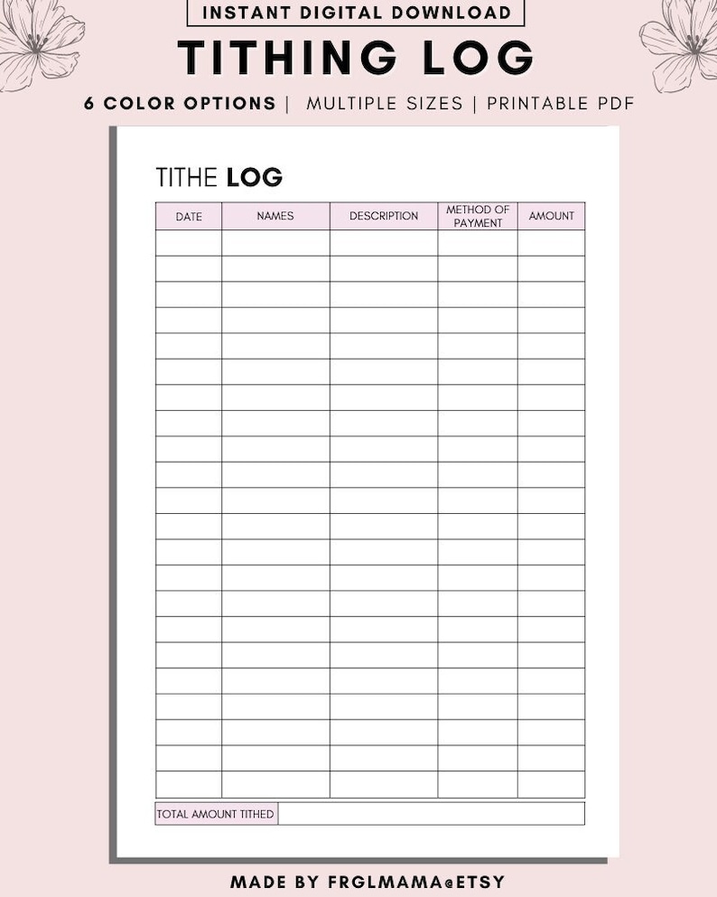 Printable Tithe Record: One-page Donation Log (A4, A5, Letter PDF) - Etsy