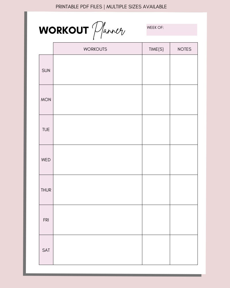SUNDAY START Printable Workout Planner Weekly Exercise | Etsy