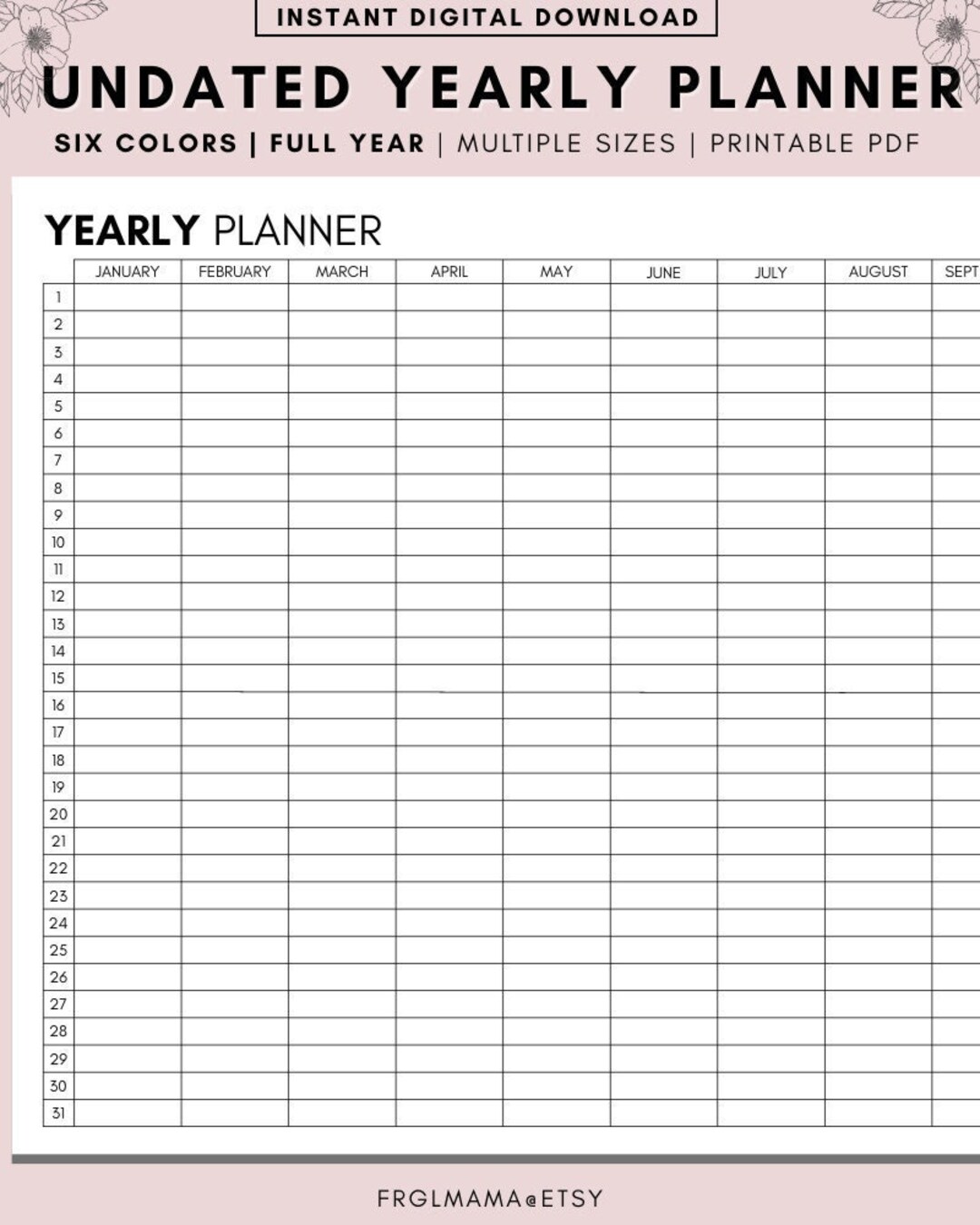 UNDATED Year Planner - Yearly Planner on 1 Page Landscape, Vertical ...