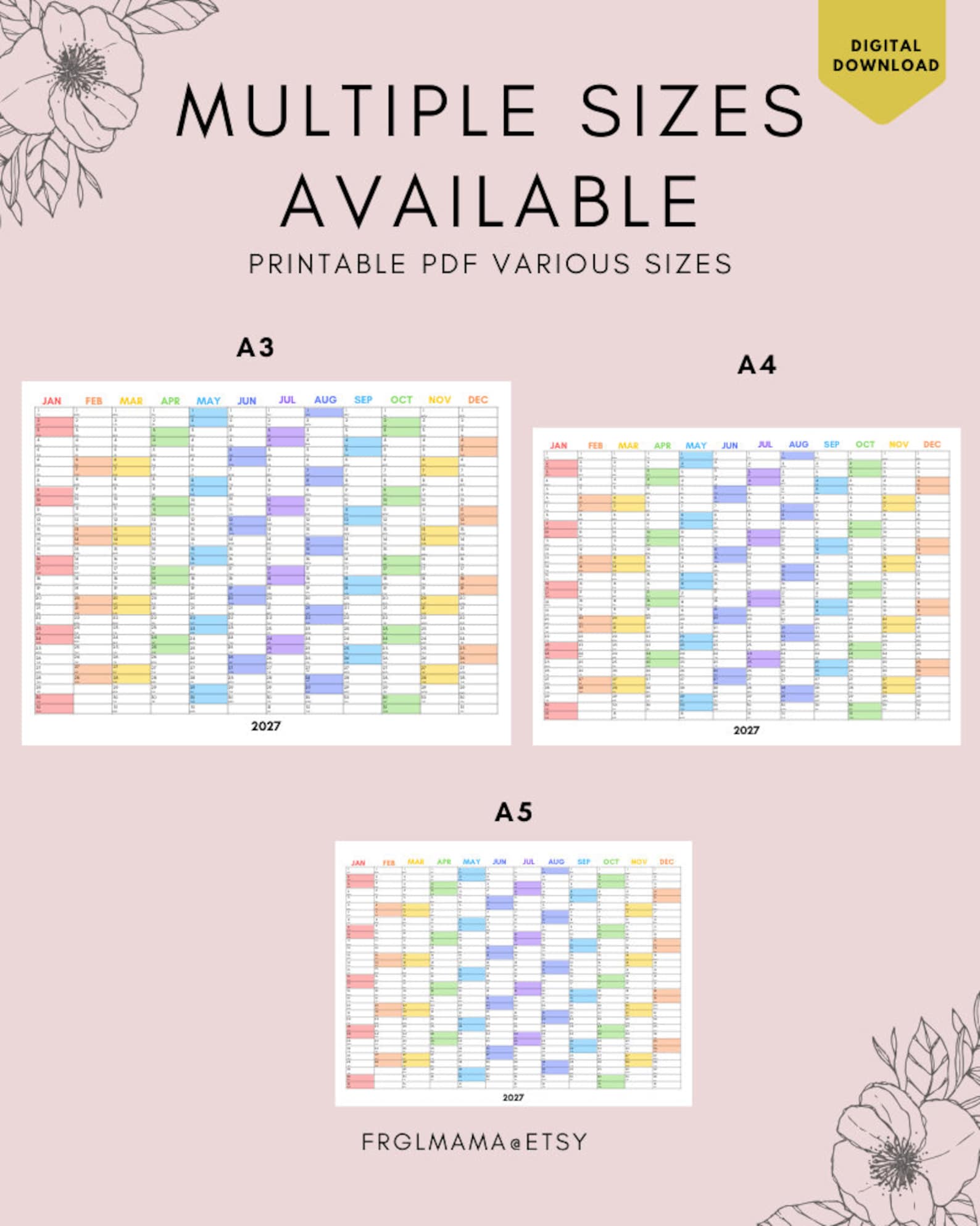 2027 Rainbow Calendar Printable: Yearly Wall Planner (A3, A4, A5 PDF ...