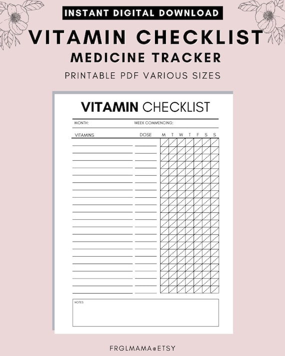 Supplement Tracking Sheet Supplement And Vitamin Journal Template
