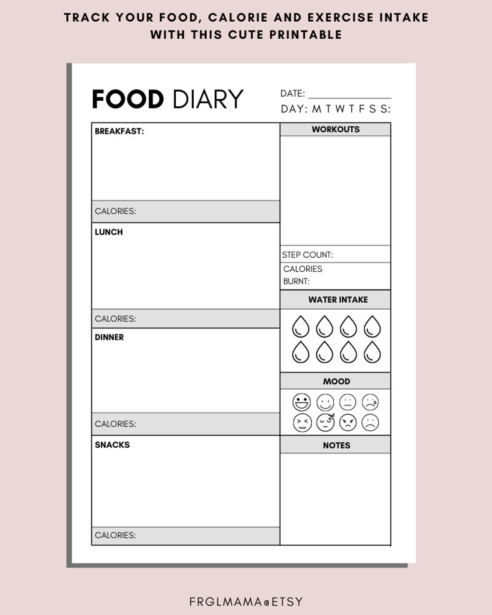 Daily Food Diary Printable: Calorie Tracker, A4 A5 (PDF) - Etsy